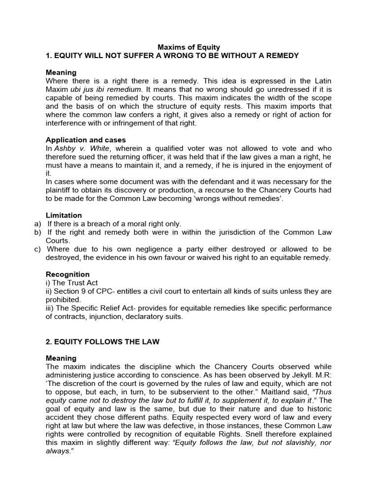 Key Maxims of Equity Explained | PDF | Equity (Law) | Legal Remedy
