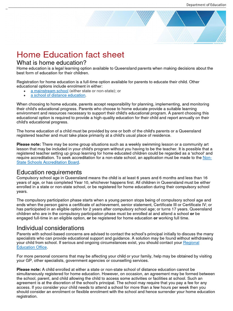 Home Education Fact Sheet | PDF | Identity Document | Teachers