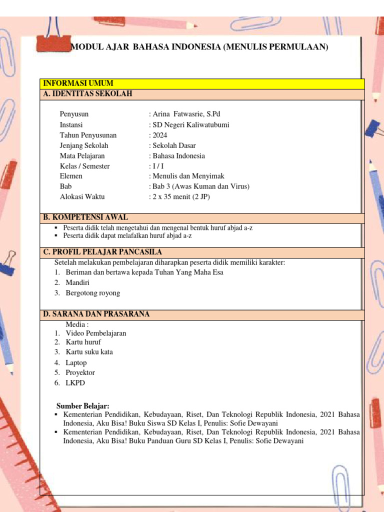 Modul Ajar Menulis Permulaan - Arina Fatwasrie | PDF