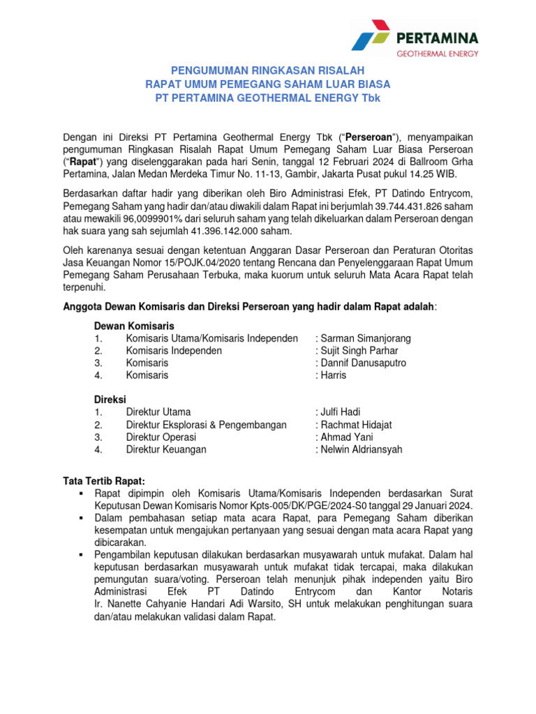 Pengumuman Ringkasan Risalah RUPS LB PGEO | PDF | Bisnis | Pengelolaan ...