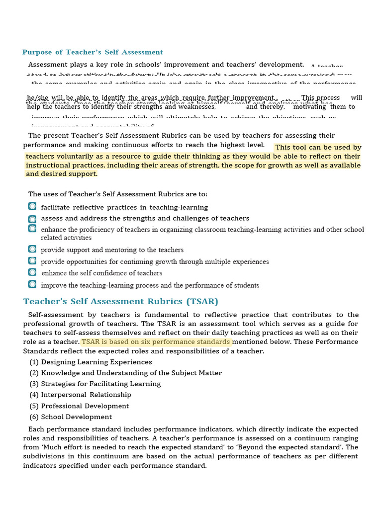 Teachers Self Assessment (Main | PDF | Teachers | Learning