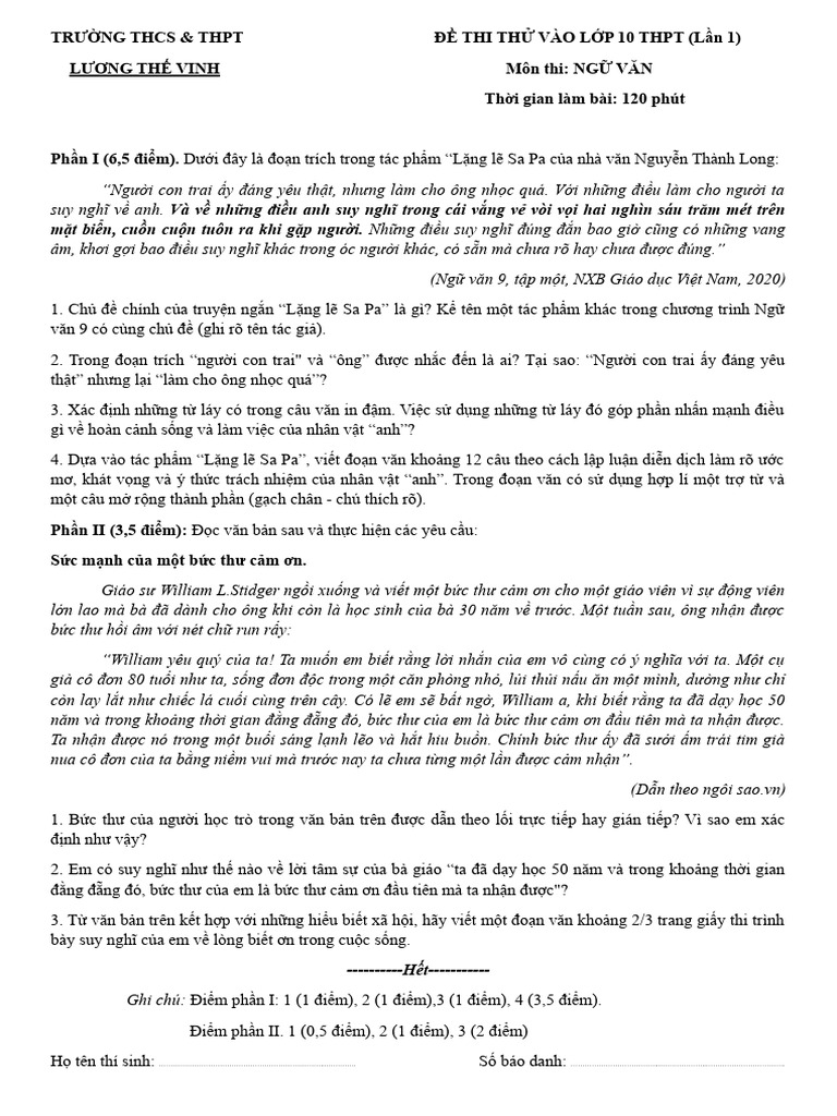 đề thi thử vào 1 lần 1 thcs lvt | PDF