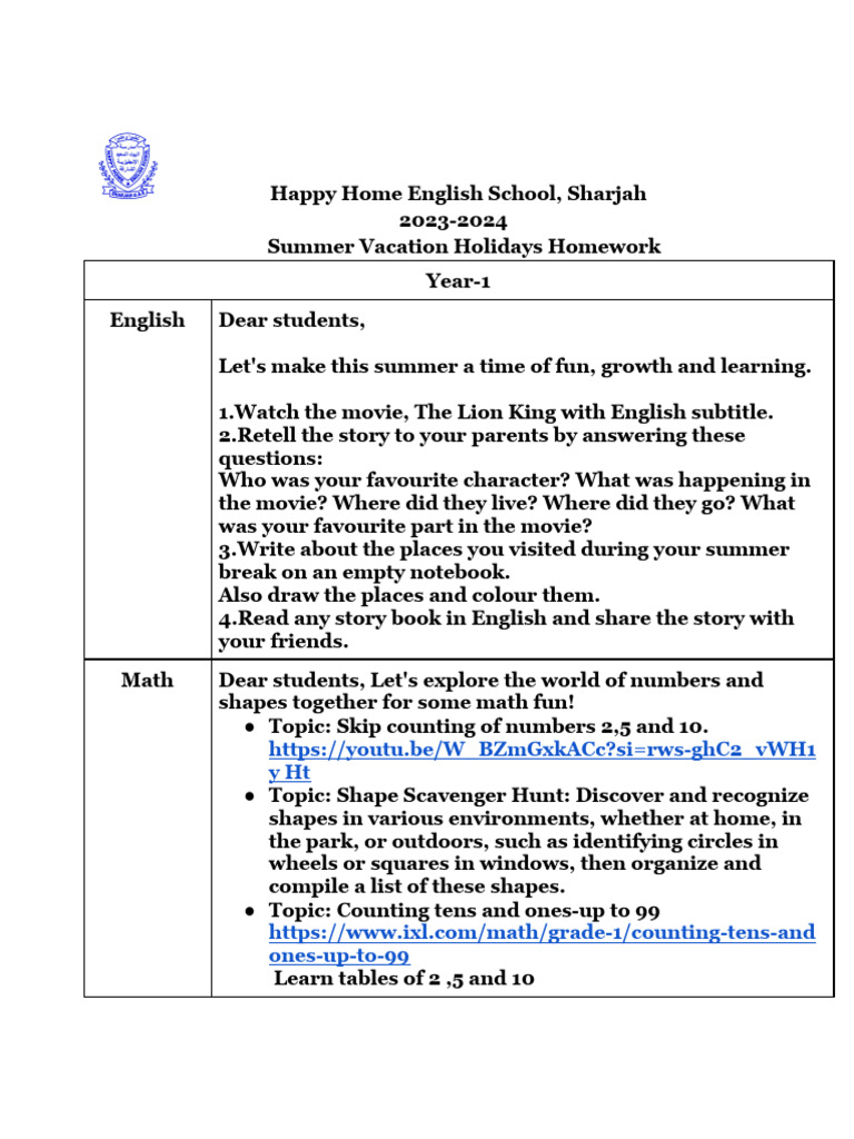 Summer Vacation Homework (Yr1 - Yr6) | PDF | Shape | Vocabulary