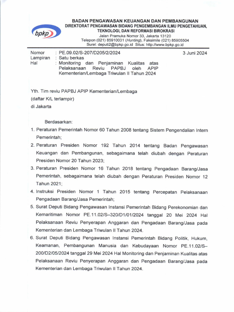 S-207 Monitoring Penjaminan QA Reviu PAPBJ TW II 2024 | PDF