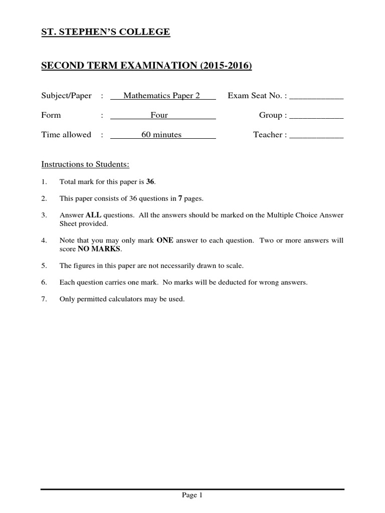 F.4 Mathematics Exam Paper 2015-2016 | PDF | Standardized Tests ...