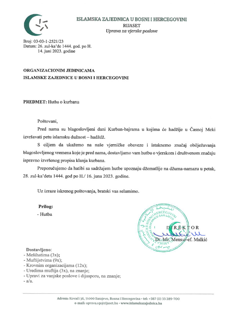 Dopis Za Hutbu o Kurbanu | PDF