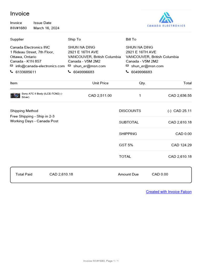 Invoice: Sony A7C II Body (ILCE-7CM2) (-Silver) | PDF