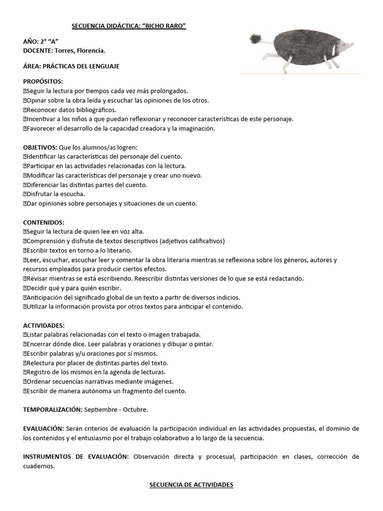 SECUENCIA DIDÁCTICA Bicho Raro | PDF | Cuentos | Evaluación
