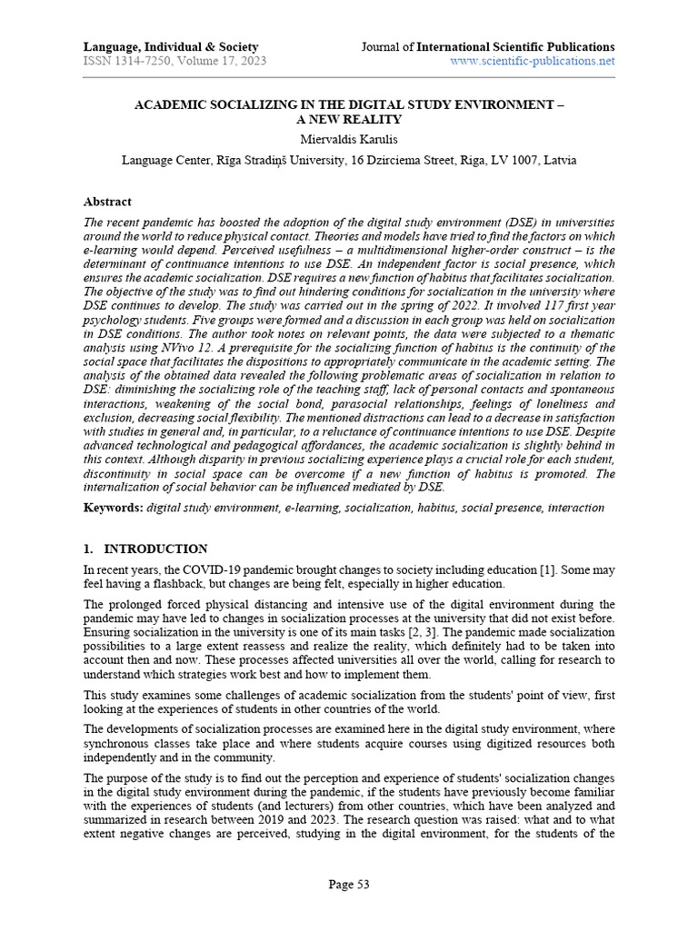 Academic Socializing in The Digital Study Environment | PDF | Socialization | Behavioural Sciences