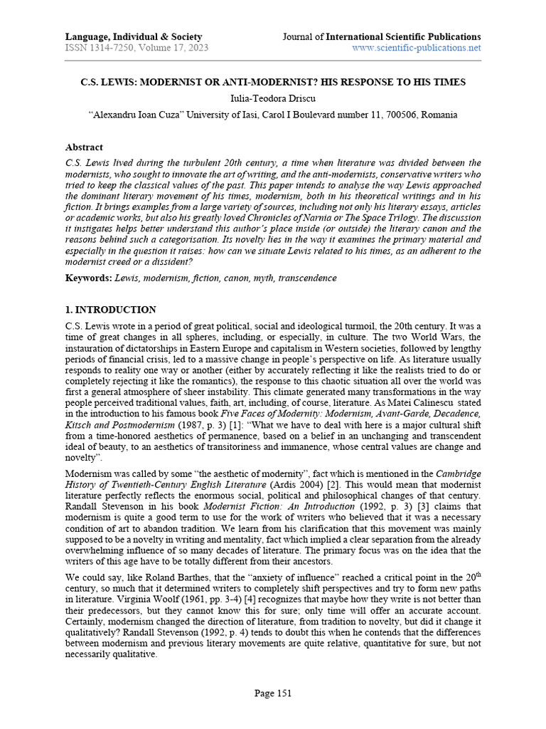 C.S. Lewis: Modernist or Anti-Modernist? | PDF | Modernism | Aslan