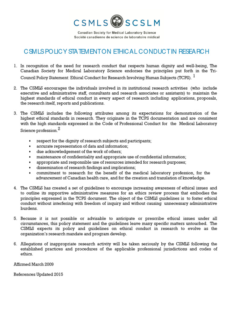 CSMLS Ethical Research Conduct Policy | PDF | Science | Confidentiality