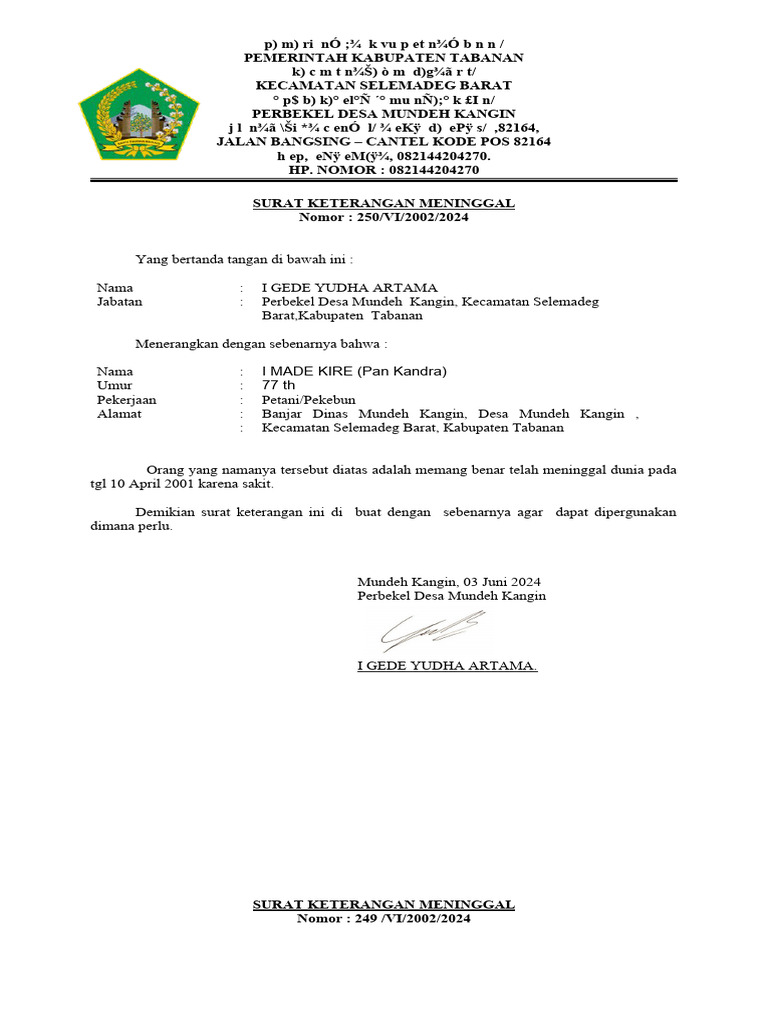 Surat Keterangan Meninggal Tabanan | PDF