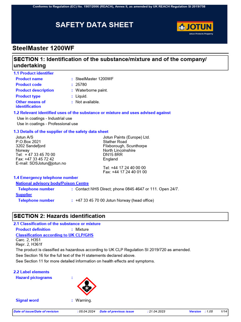 MSDS_STEELMASTER1200WF WHITE | PDF | Toxicity | Magnesium