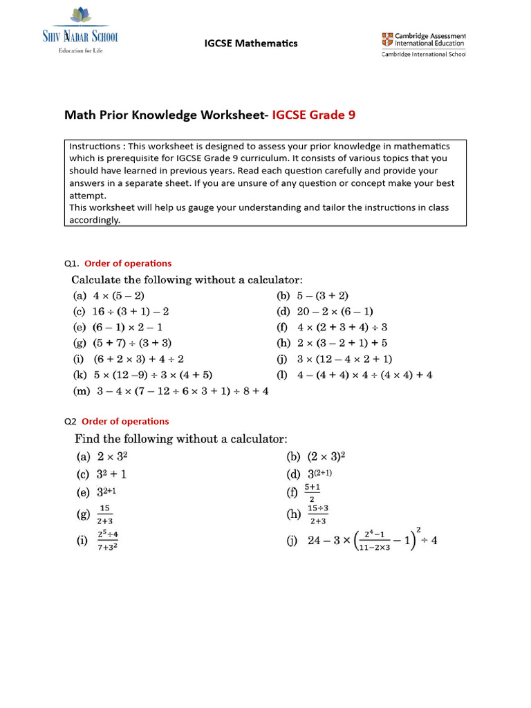 Grade 9 IGCSE Math Prior Knowledge Worksheet | PDF | Mathematics | Numbers