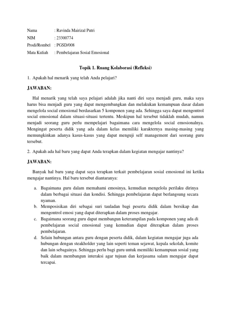 PSE Topik 1. Ruang Kolaborasi (Refleksi) - Ravinda Mairizal Putri | PDF ...