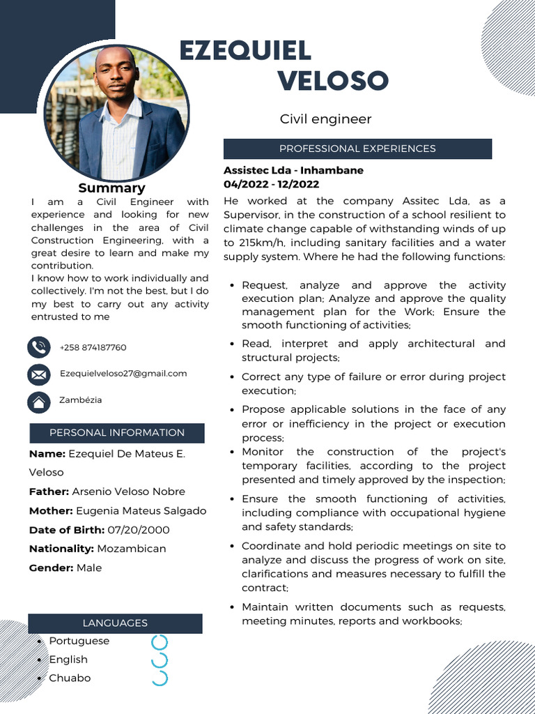 Ezequiel Veloso: Civil Engineer Profile | PDF | Employment