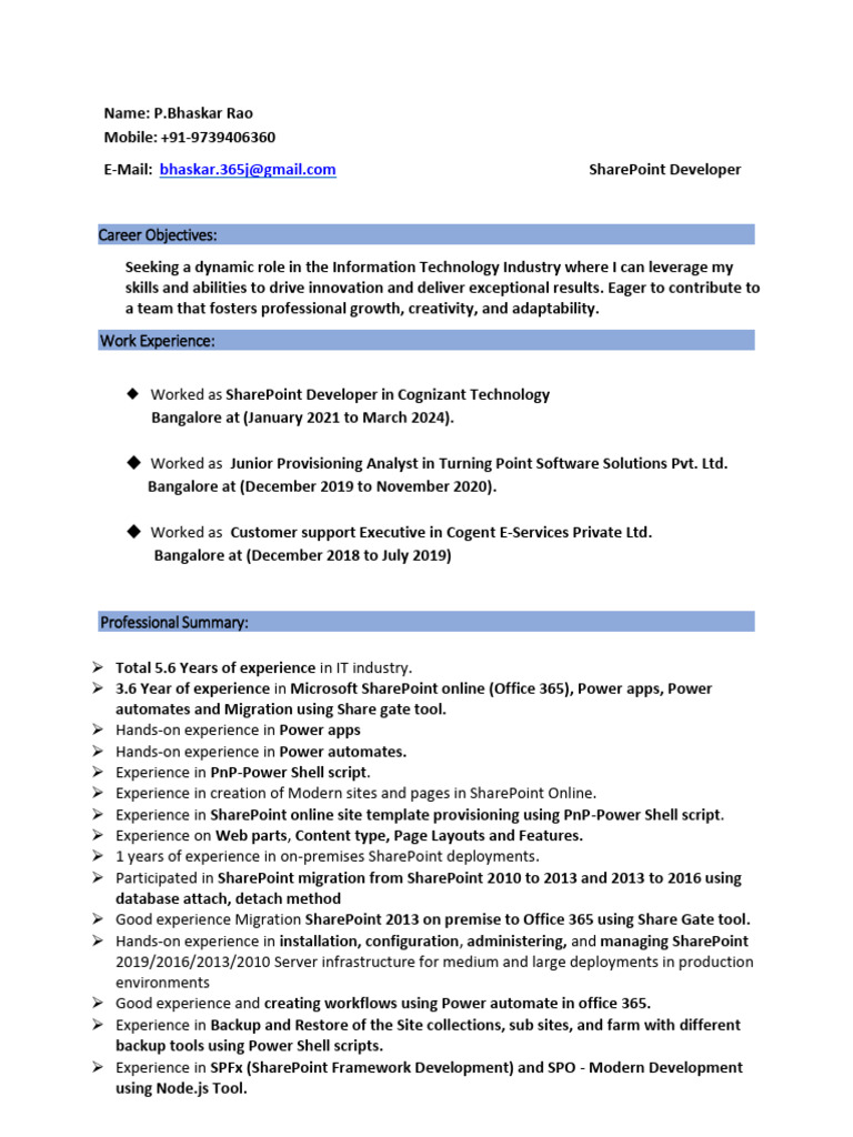 Bhaskar Rao - SP - Resume | PDF | Share Point | Computer Science