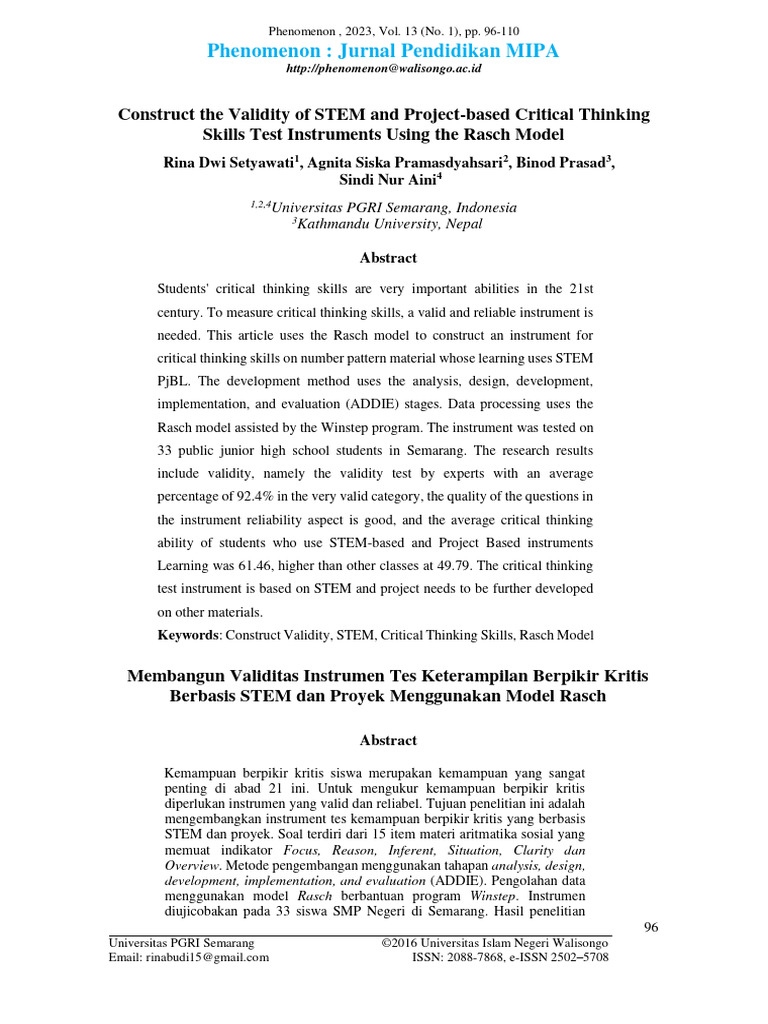 Construct The Validity of STEM and Project-Based Critical Thinking ...