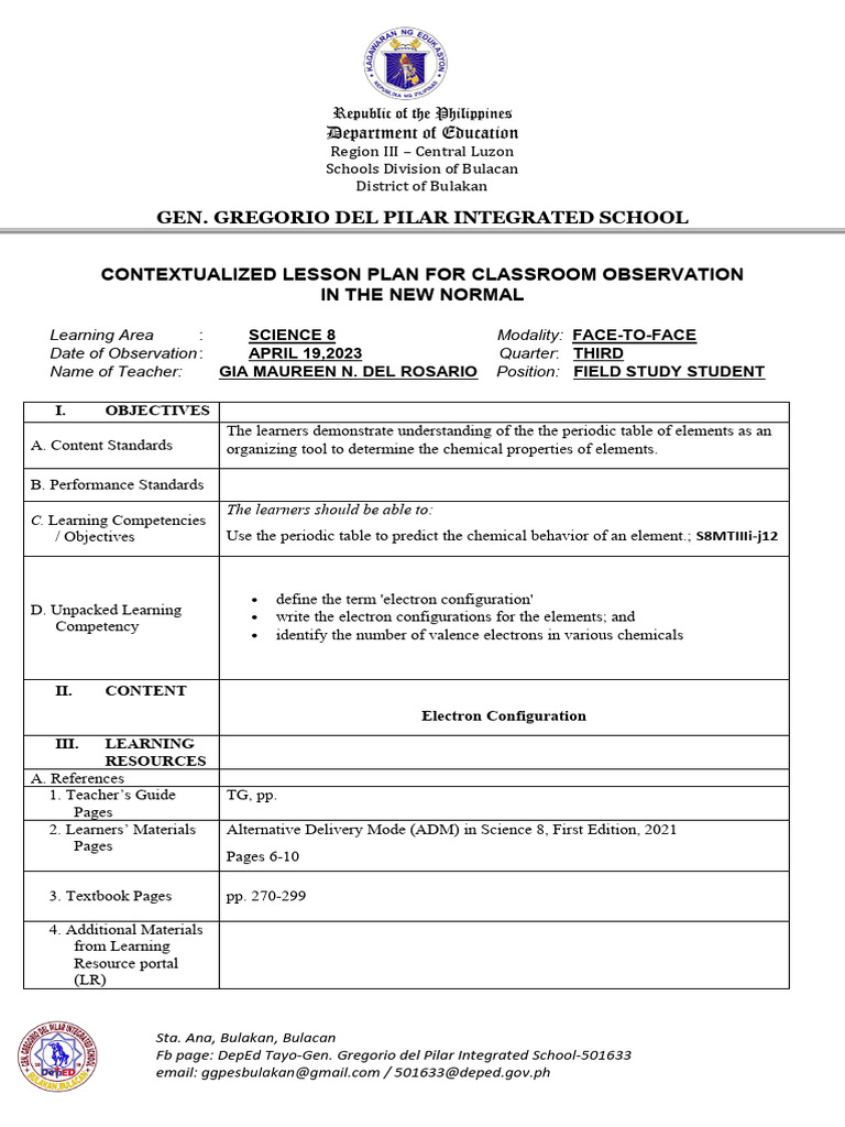 Detailed Lesson Plan - ELECTRON CONFIGURATION - Del Rosario - Gia ...