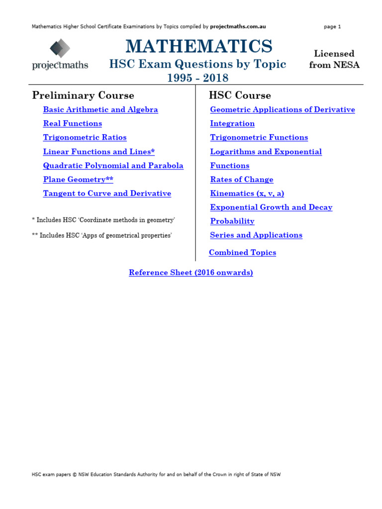2018 - 1995 Mathematics HSC | PDF | Exponential Function | Geometry