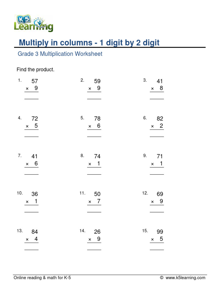 Grade 3 Multiplication Worksheet - Multiply in Columns - 1 Digit by 2 ...