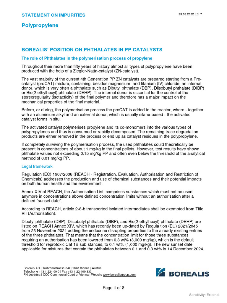 Borealis Position on Phthalates in PP | PDF | Chemical Substances ...