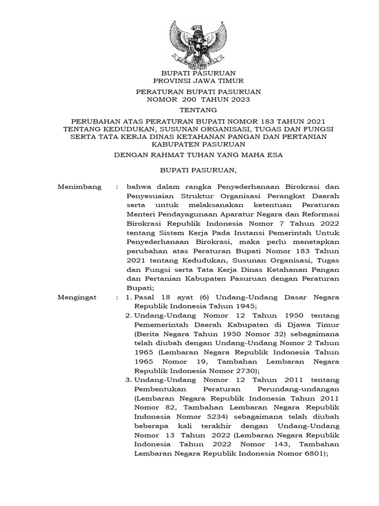 Perbup 200 Tahun 2023 Tentang Perubahan SOTK DKPP | PDF