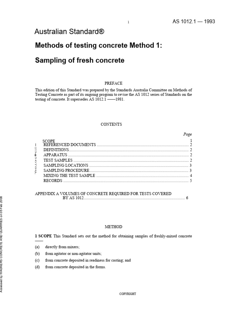 AS 1012.1-1993 Sampling of Fresh Concrete | PDF | Concrete | Materials