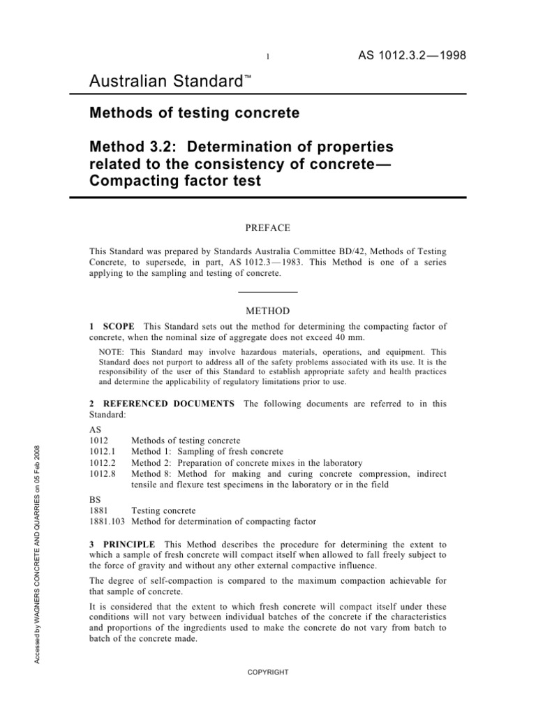 AS 1012.3.2-1998 Properties Related To The Consistency of Concrete ...