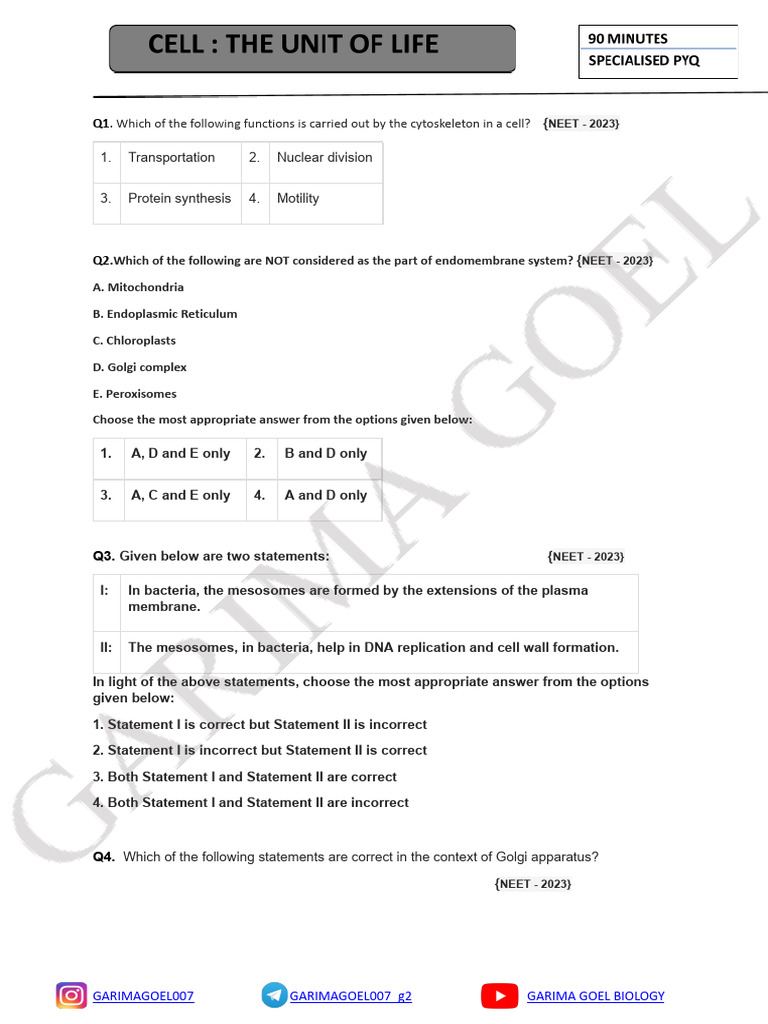 20_YEARS_SPECILIASED_PYQ_GARIMA_GOEL_CELL_THE_UNIT_OF_LIFE | Download Free PDF | Cell (Biology ...
