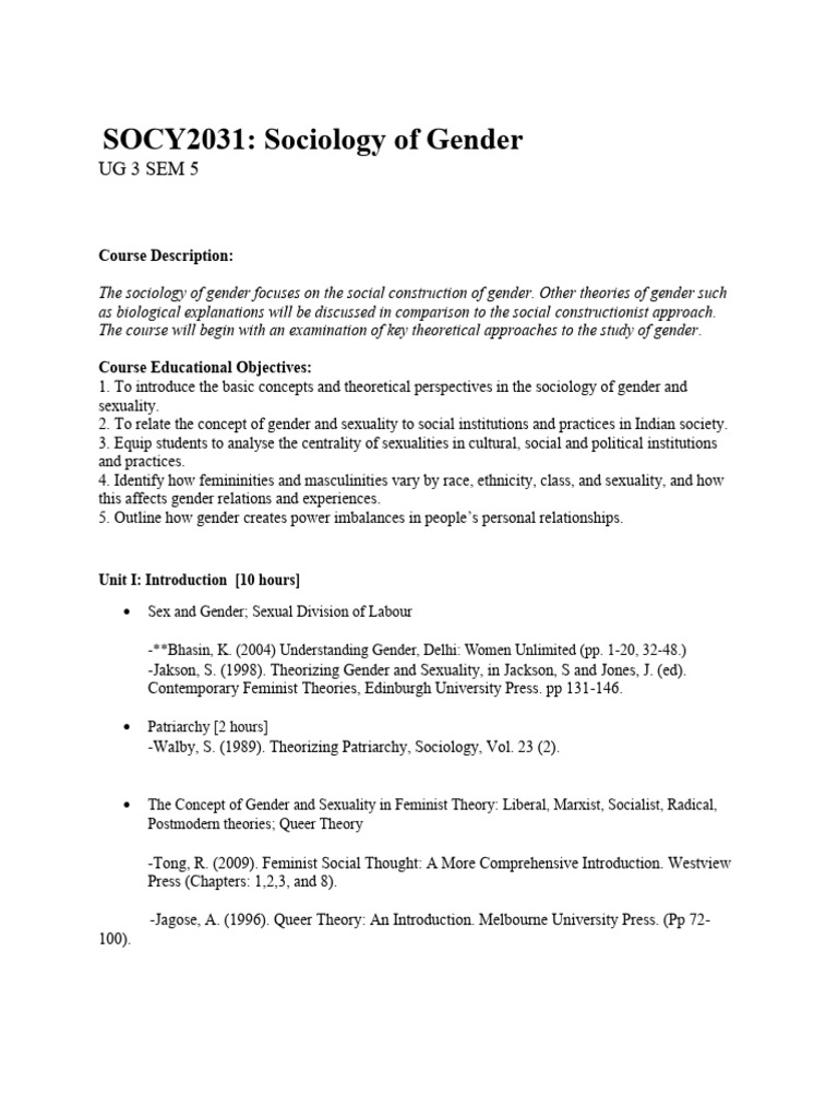 Sociology of Gender Course Overview | PDF | Gender | Gender Studies