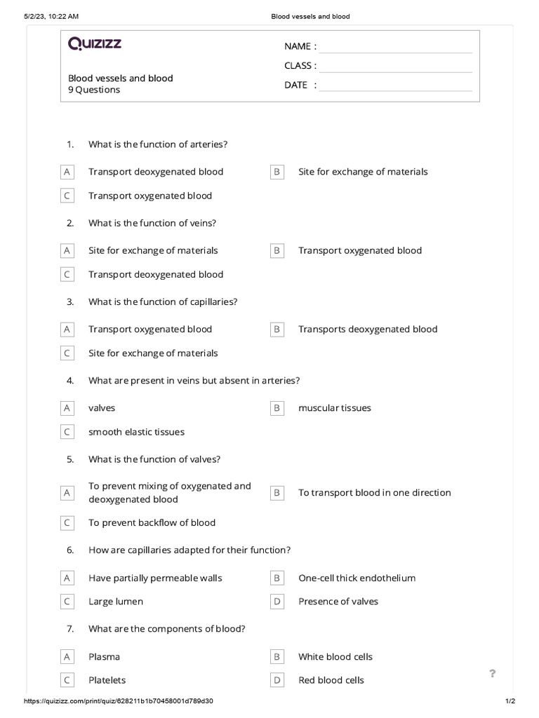 Blood Vessels and Blood Functions Quiz | PDF | Blood | Vein