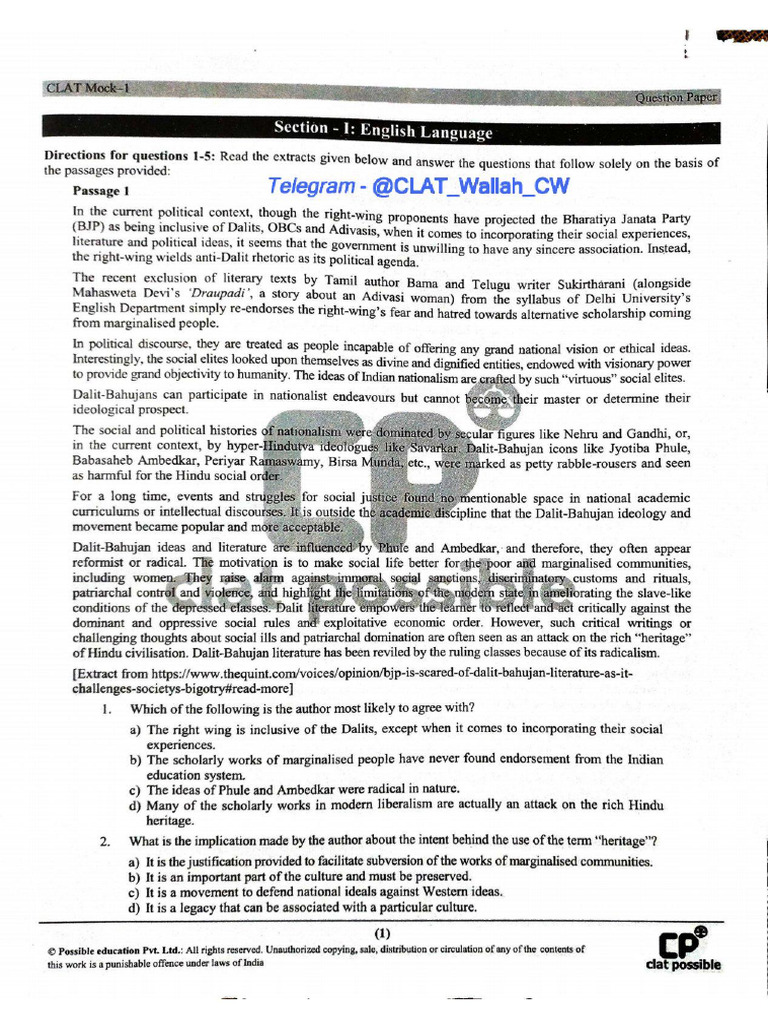 English Sectional Test@CLAT - Wallah - CW | PDF
