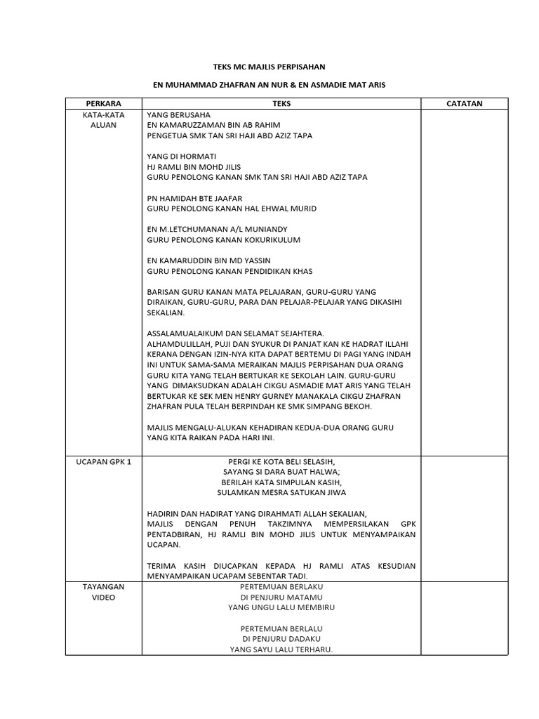 Teks Mc Majlis Perpisahan | PDF
