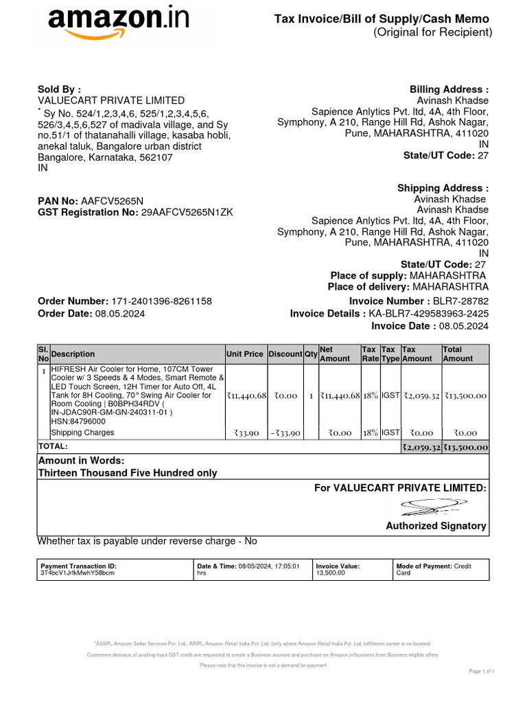 HIFRESH Air Cooler Invoice | PDF | Invoice | Payments
