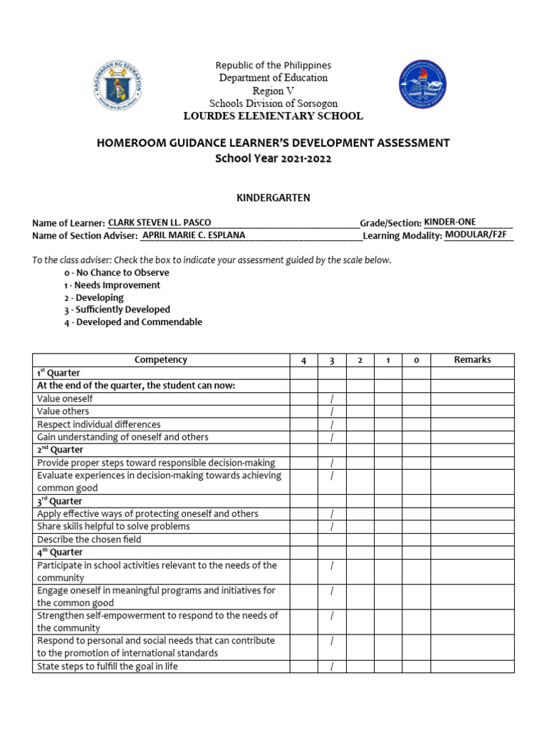 Homeroom Guidance Learner's Development Assessment | PDF | Psychology | Behavioural Sciences