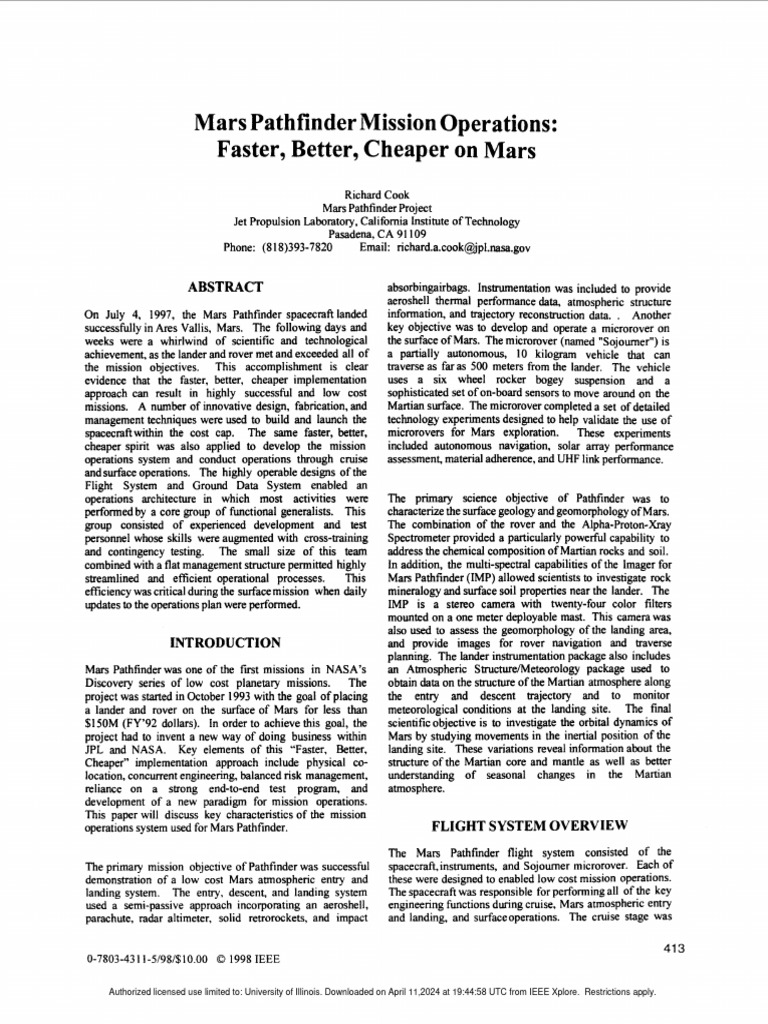 Mars Pathfinder Mission Operations Faster Better Cheaper On Mars | PDF ...