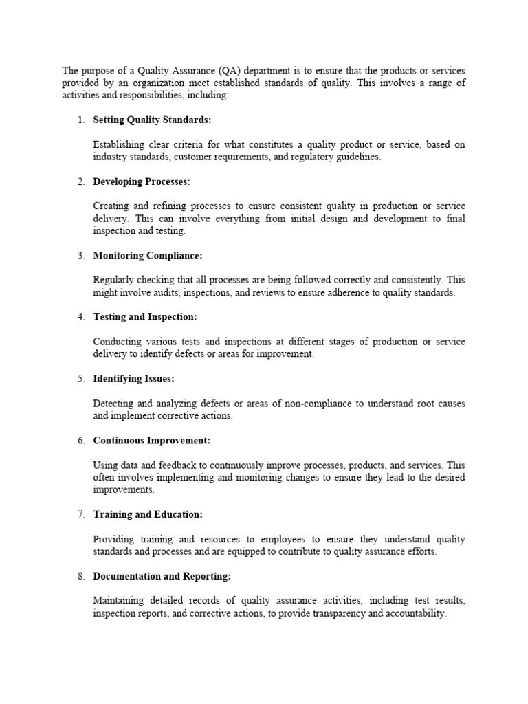 Quality Asurance Department Functions and Services | PDF | Quality ...