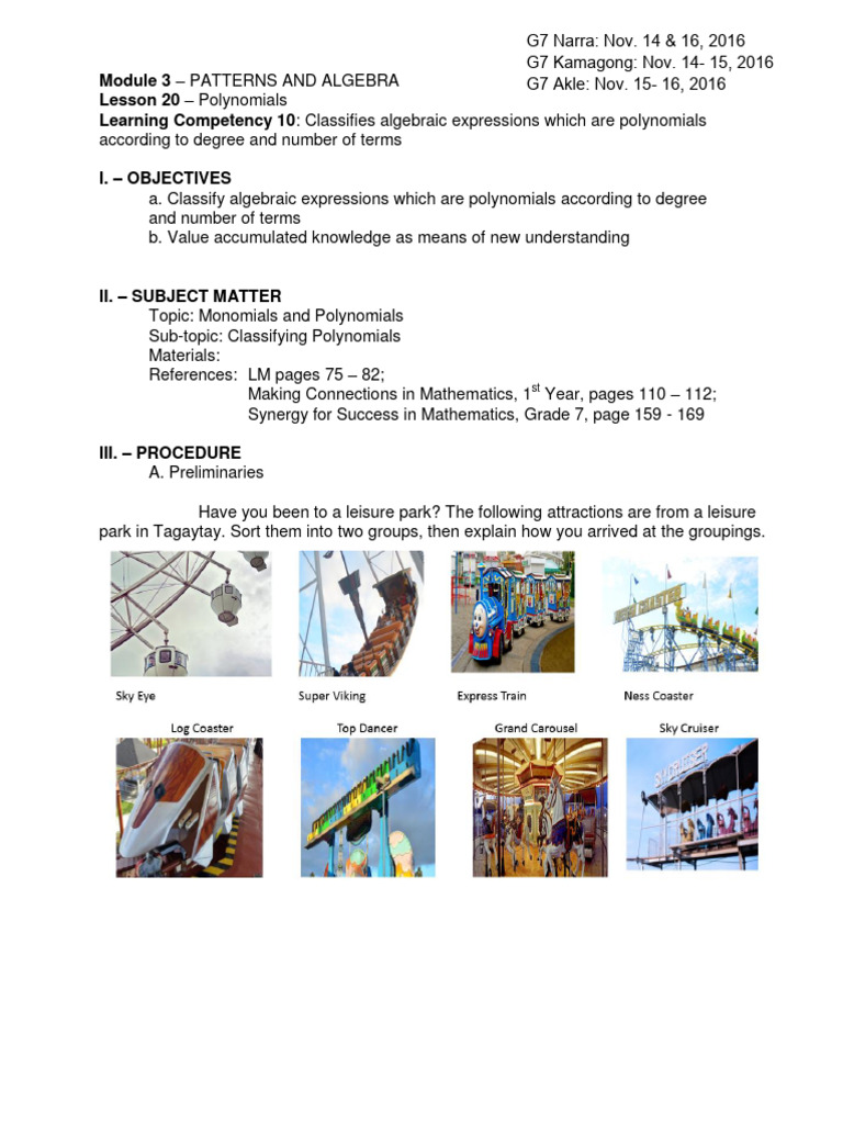 Math 7 2nd Quarter Detailed TG, LC 29 - 30 | PDF | Polynomial | Subtraction