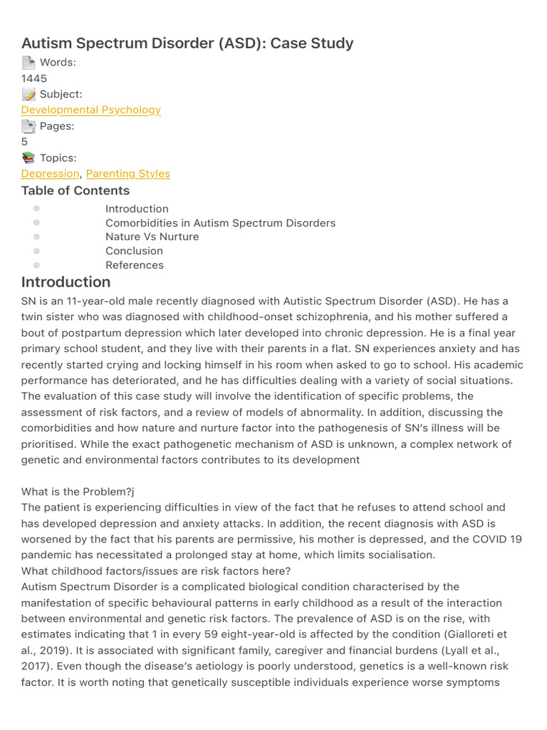Autism Spectrum Disorder (ASD) : Case Study | PDF | Autism Spectrum ...