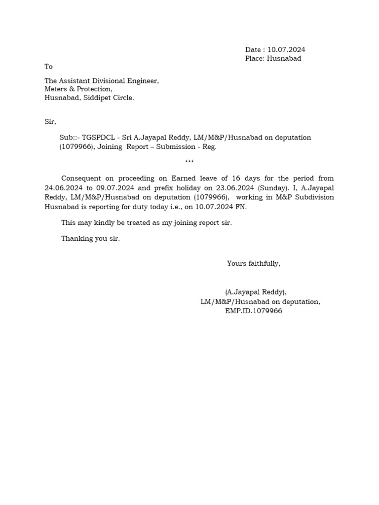 A.Jayapal Reddy Joining Report | PDF