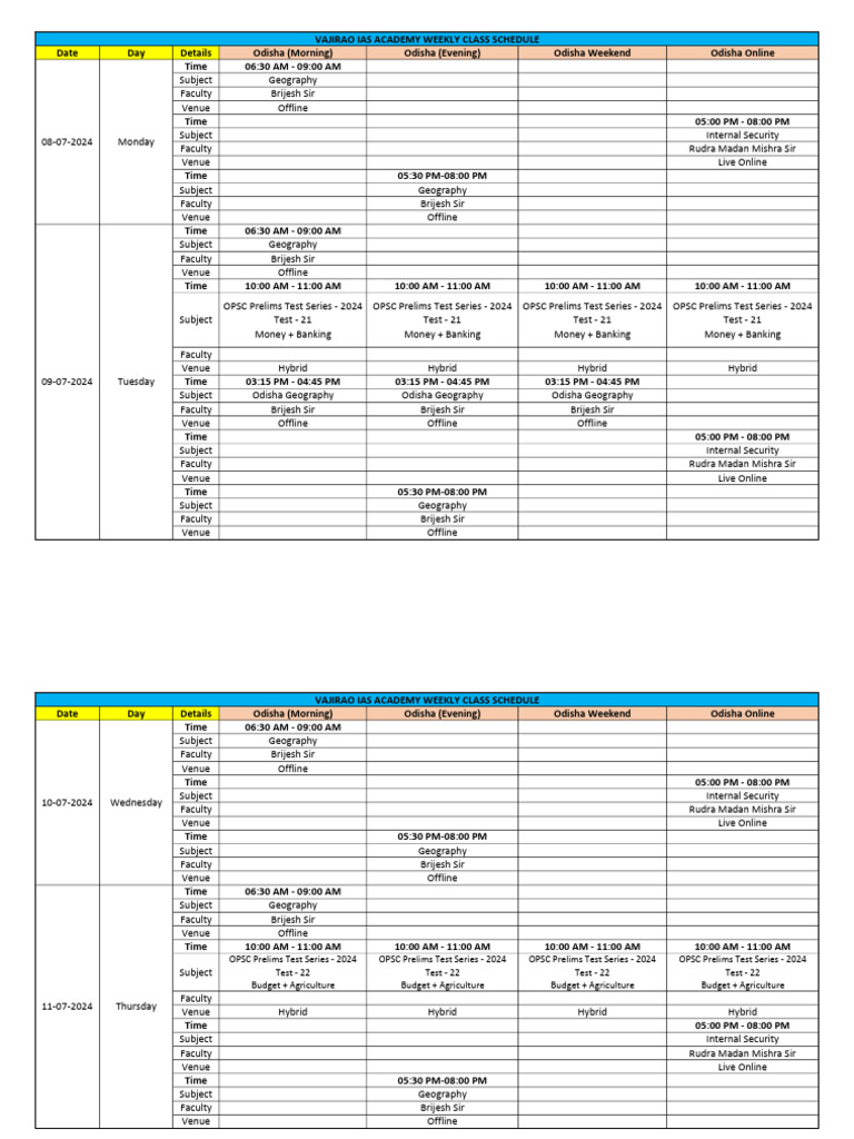 Odisha IAS Class Schedule 08th July 2024 14th July 2024-2 | PDF
