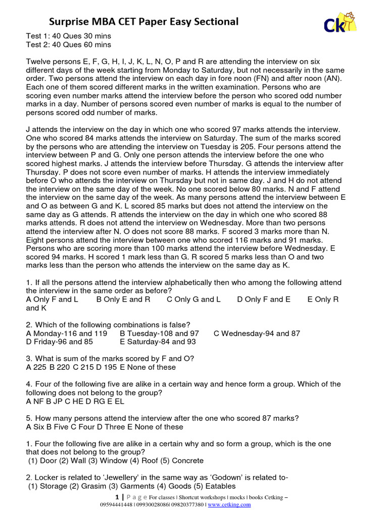 Expected MBA CET 2024 Paper Easy Sectional Test 2 | PDF | Glasses