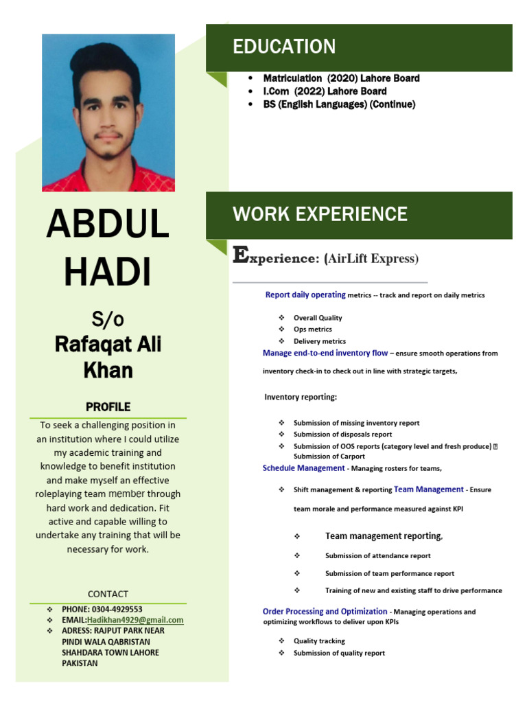 Hadi Khan CV | PDF | Performance Indicator | Computing