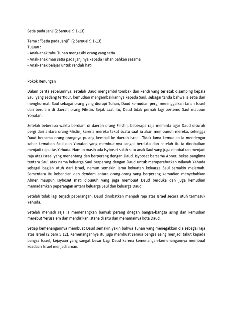 RAJA DAUD DAN MEFIBOSET MATERI - Setia Pada Janji | PDF