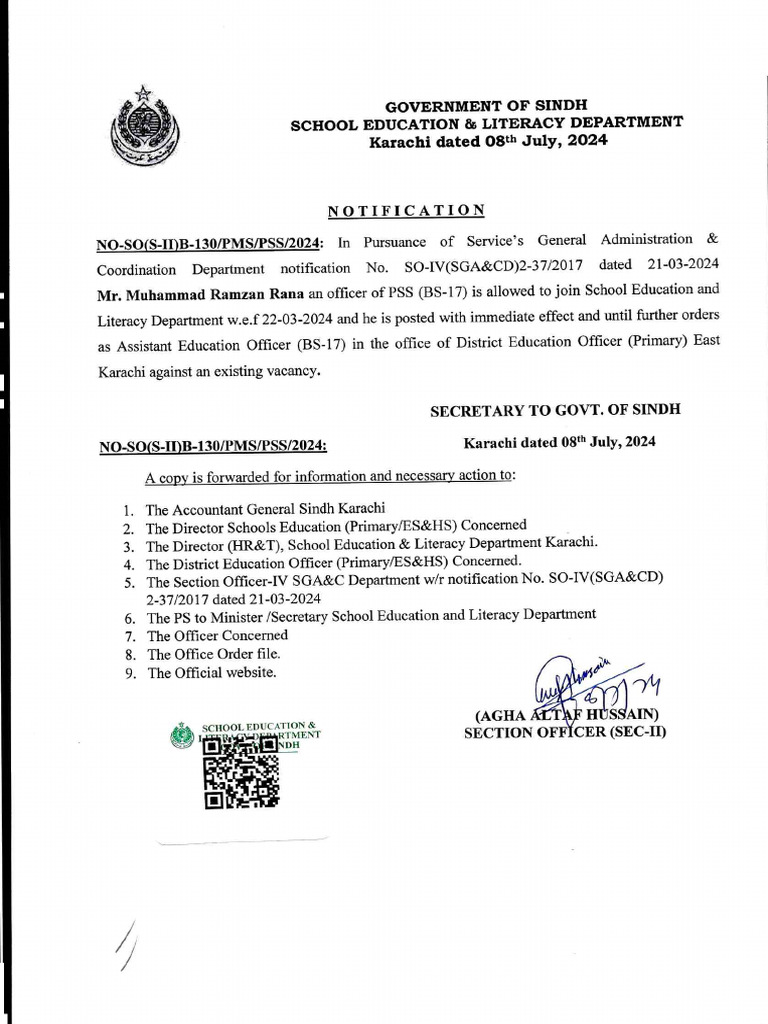 Notification For Allowed To Join Duties As AEO (BS-17) in Respect of Mr. Muhammad Ramzan Rana ...