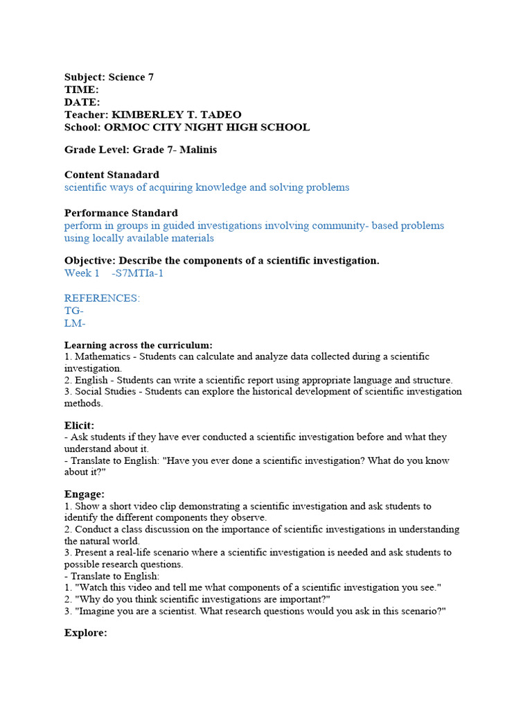 Lesson - Plan GRADE 7 DAY 1 Q1 | PDF | Scientific Method | Experiment