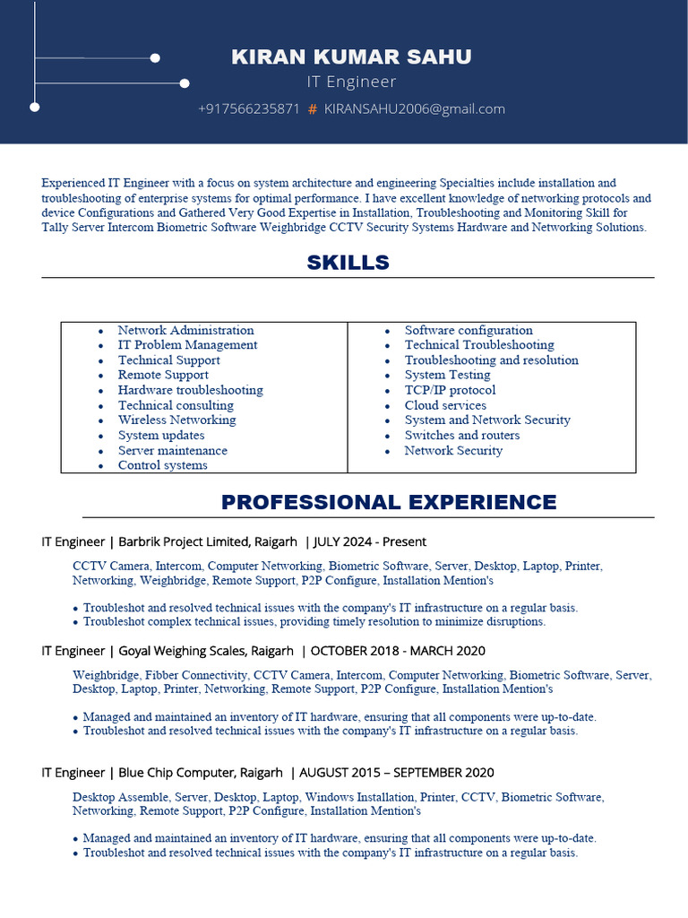 Resume - Kiran Kumar Sahu - Ir Engineer | PDF | Computer Network | Server (Computing)