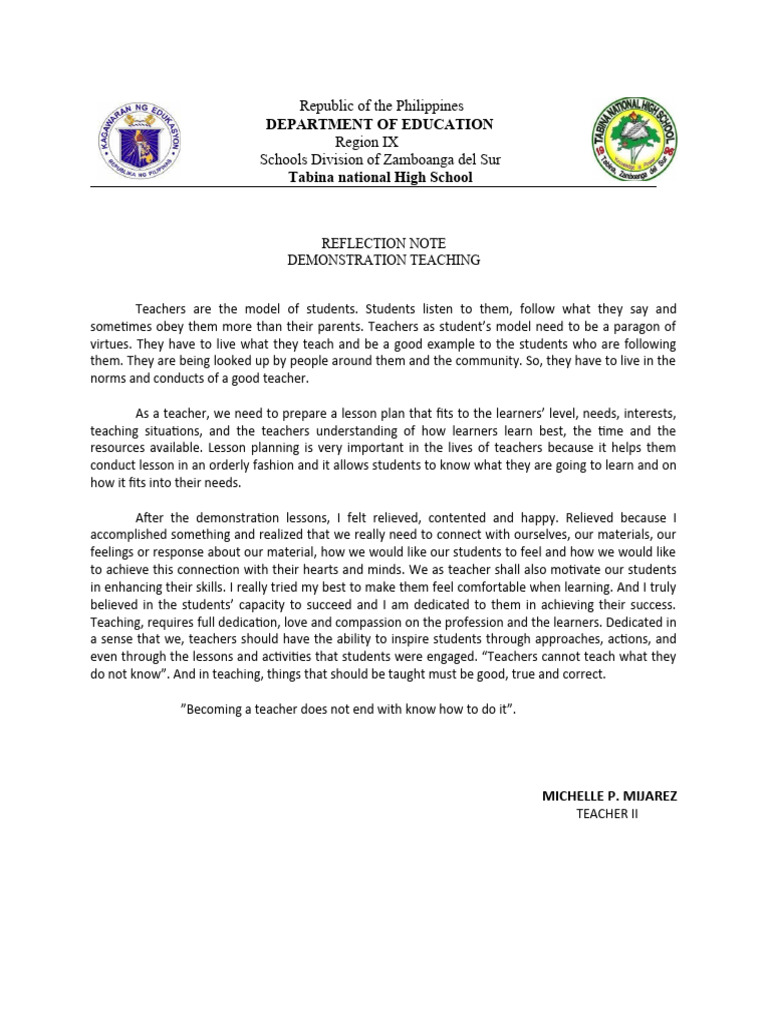 Reflection Note | PDF | Teachers | Learning