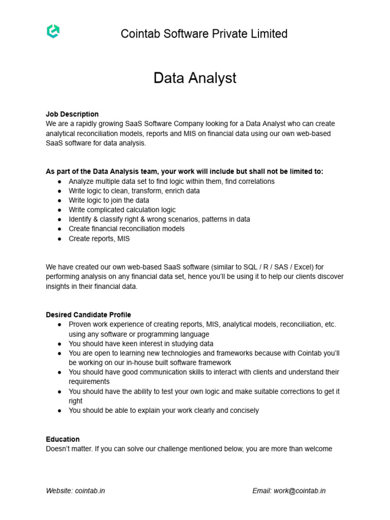 Data Analyst - JD | PDF | Data Analysis | Data Data Analyst - JD | PDF | Data Analysis | Data